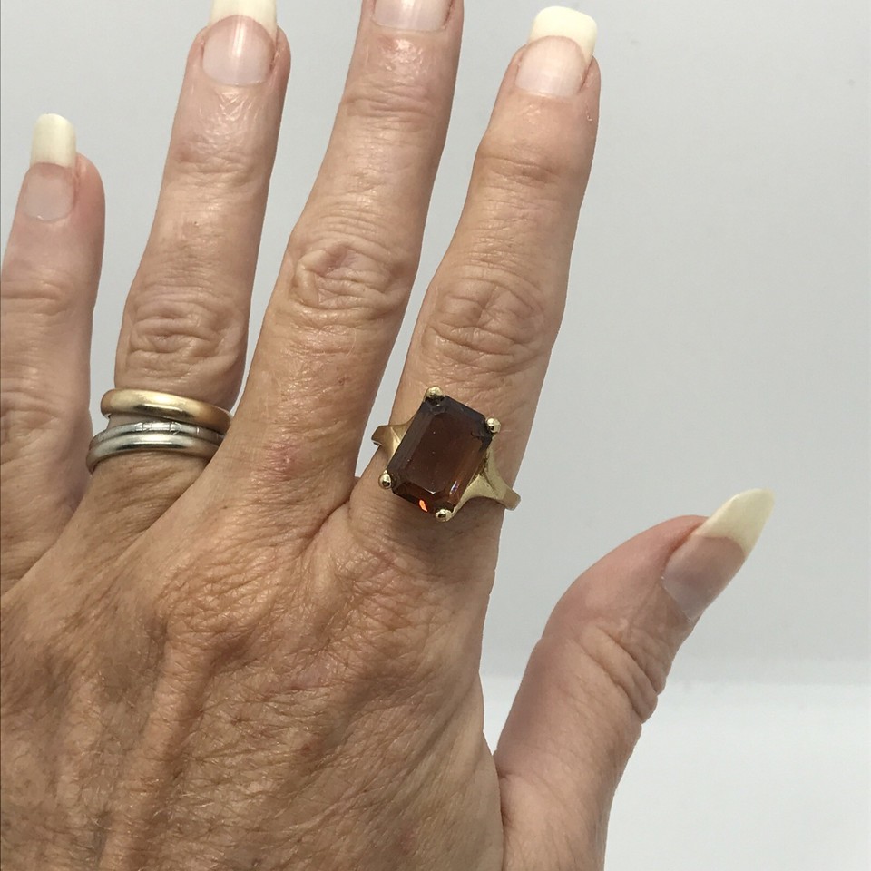 Vintage Signed A 18K GE Gold Plated Amber/ Rust Color Crystal Ring sz 8 ...