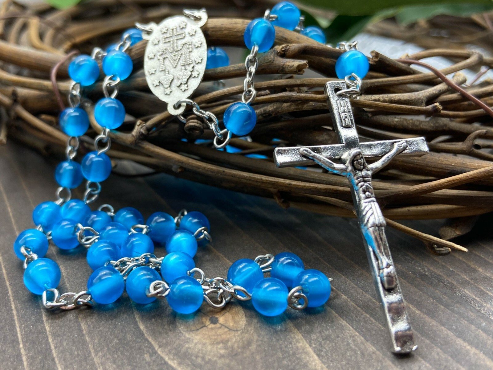 Light Blue Rosary Beaded Chaplet Necklace Miraculous Medal Cross | eBay