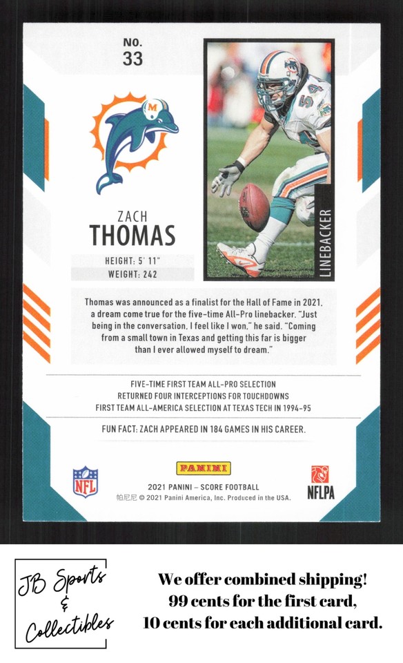 2021 Score Zach Thomas #33 Miami Dolphins | eBay