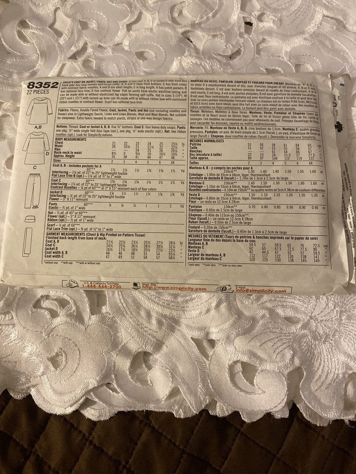 Simplicity 8352 girl COAT JACKET HAT SCARF PANTS 5-6X chest 24-25.5 ...