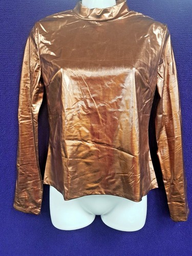 NEW Women Mock Neck Long Sleeve Metallic Bronze Top Shirt Blouse Size ...