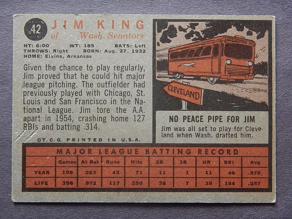 Jim King #42 Topps 1962 Baseball Card (Washington Senators) *G | eBay