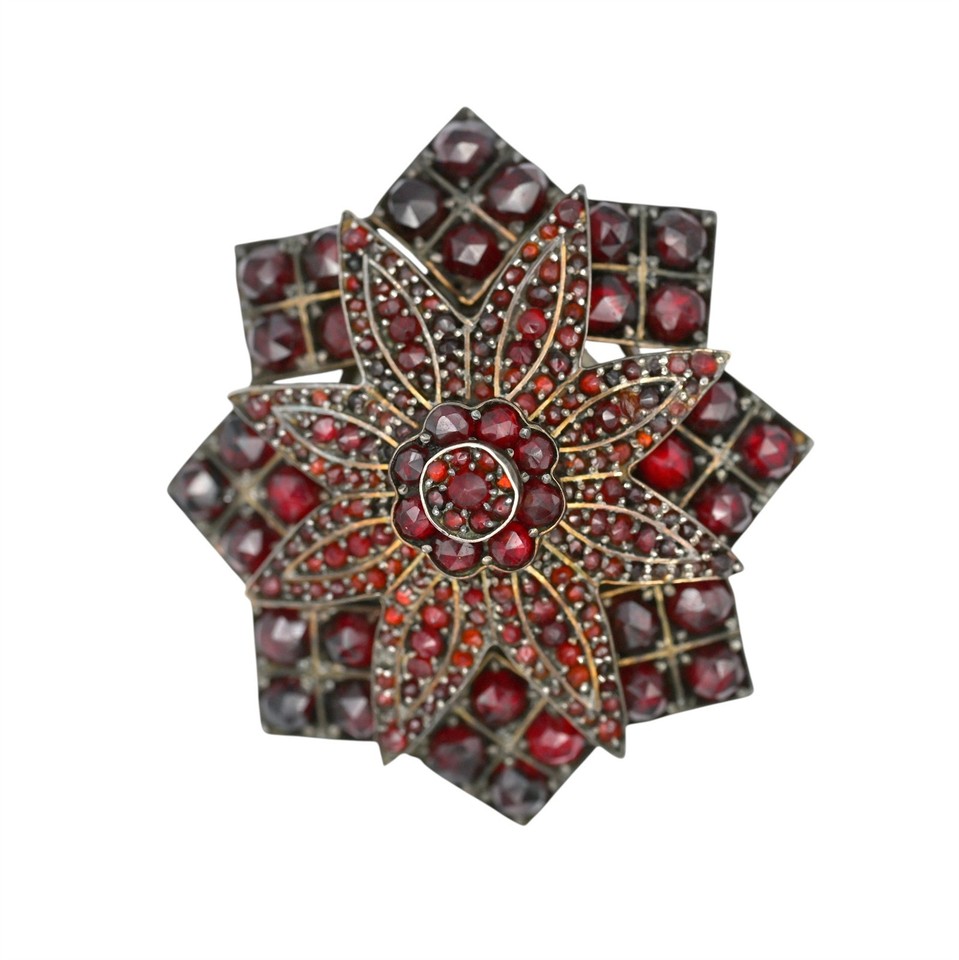 ANTIQUE VICTORIAN BOHO GARNET LOT OF 2 PENDANT BROOCHES STERLING SILVER ...