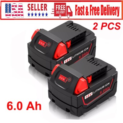 2 PCS 6.0 AH Lithium Battery For Milwaukee M18 48-11-1860 48-11-1811 48 ...