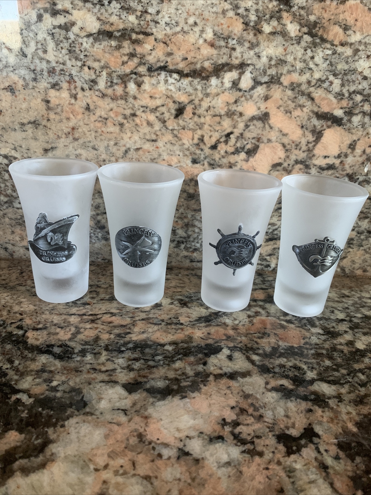 Set Of 4 Princess Cruises Frosted Pewter Embellished Shot Glasses | eBay