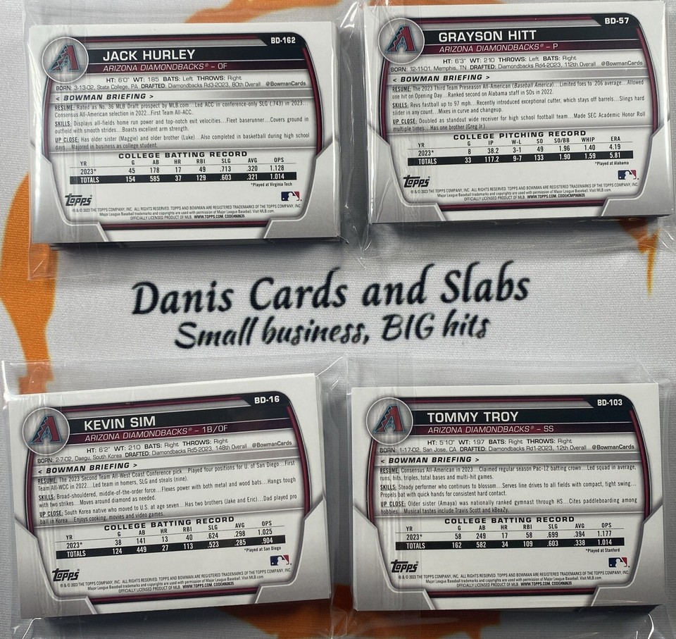 2023 Bowman Draft Arizona Diamondbacks 100-Card 1st Bowman Paper Team ...