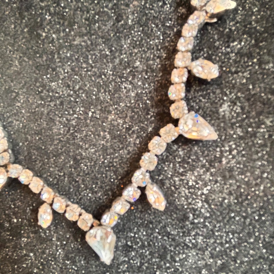 KRAMER necklace vintage clear rhinestones silvertone metal fold clasp ...
