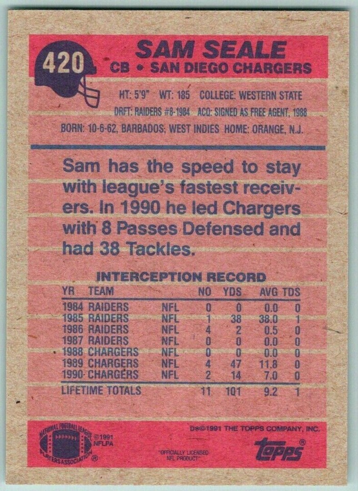 1991 TOPPS 😎 NFL Football Trading Card #420 - Sam Seale, San Diego ...