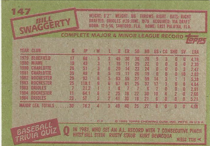 BILL SWAGGERTY BALTIMORE ORIOLES #147 - TOPPS NM-MT 1985 | eBay