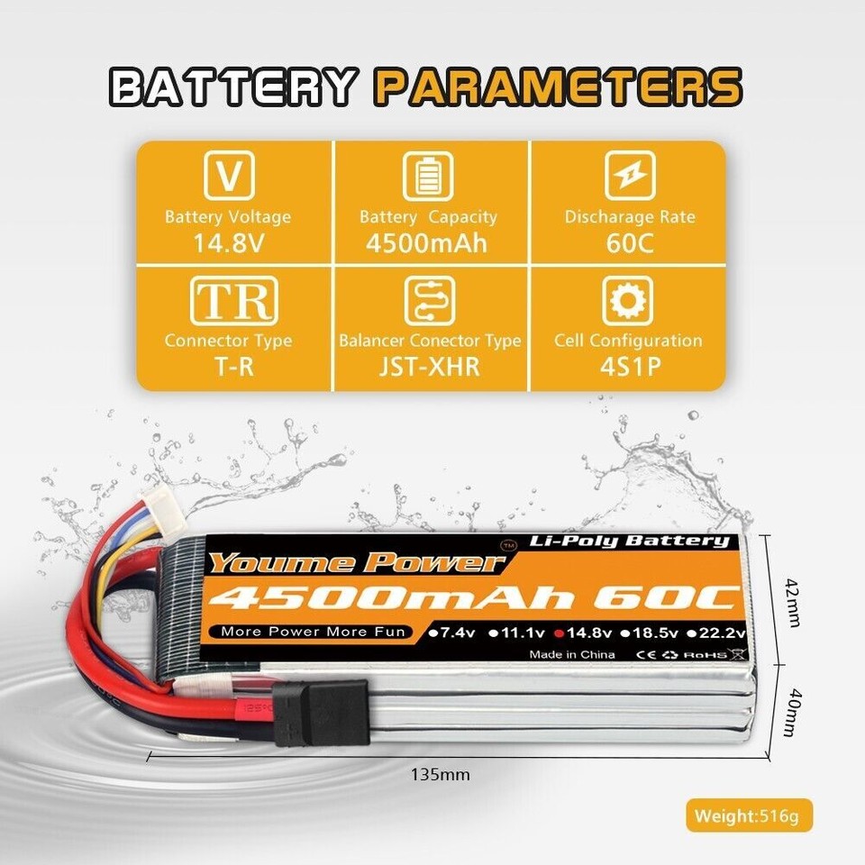 2pcs 14.8V 4S 4500mAh Lipo Battery for RC Tr Car Truck Drone Helicopter ...