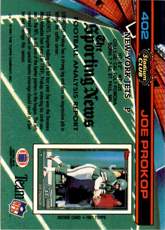 1991 Stadium Club Joe Prokop . New York Jets #402 | eBay