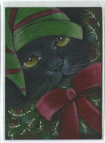 Aceo Christmas Black Cat Pine Tree Red Bow Stocking Ornaments Drawing ...