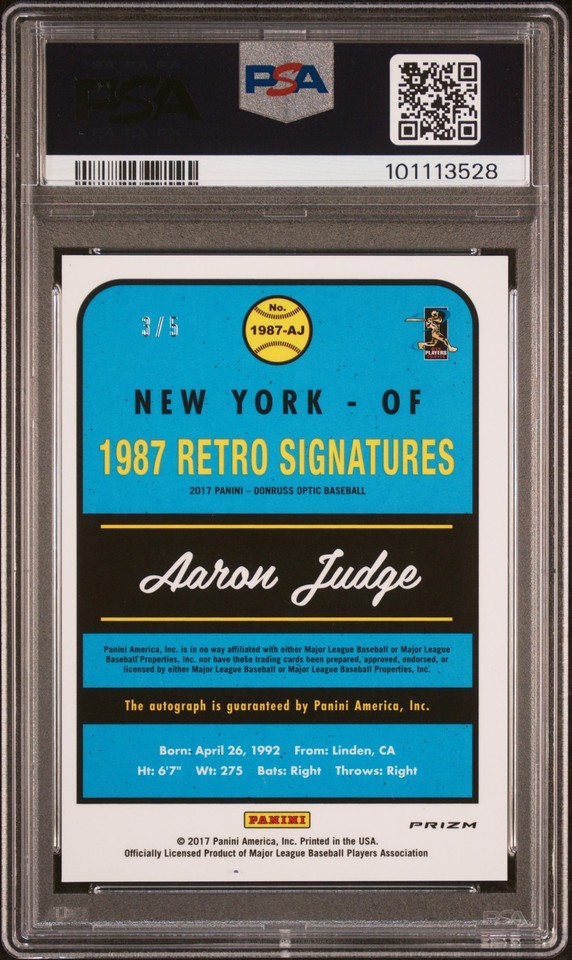 2017 PANINI DONRUSS OPTIC RR 1987 RETRO SIGNATURES AARON JUDGE 3/5 PSA ...