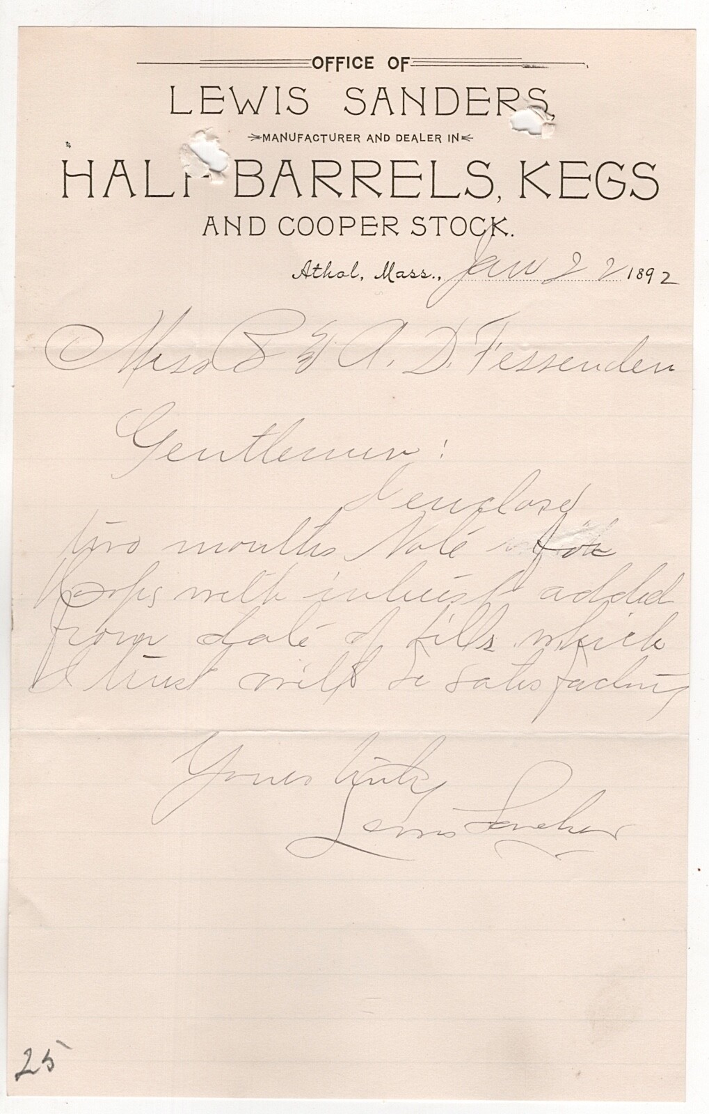 1892 LEWIS SANDERS LETTERHEAD HALF BARRELS KEGS COOPER STOCK ATHOL MA ...