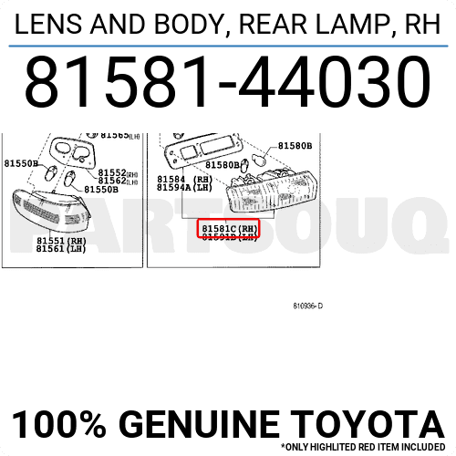 8158144030 Genuine Toyota LENS AND BODY, REAR LAMP, RH 81581-44030 | eBay