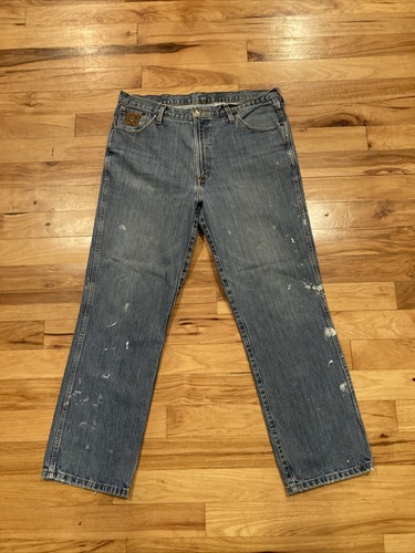 Cinch Brown Label Relaxed Distressed Splattered Blue Denim Work Jeans ...