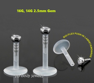 16g 14g Bio-Flex Push-in Labret Monroe Tragus with 2.5mm Gem Top | eBay