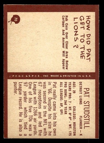 1967 PHILADELPHIA PAT STUDSTILL 70 EXMT FOOTBALL DETROIT LIONS | eBay