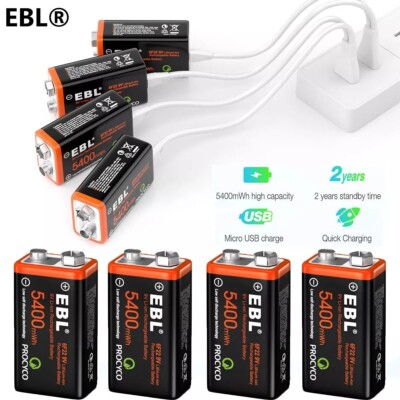 4 Pack 9v Battery USB Rechargeable Lithium 6f22 PP3 Block 9volt Li-ion ...