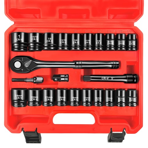 WETT 24PC Impact Socket Set 1/2" Drive SAE/Metric Shallow & Deep ...