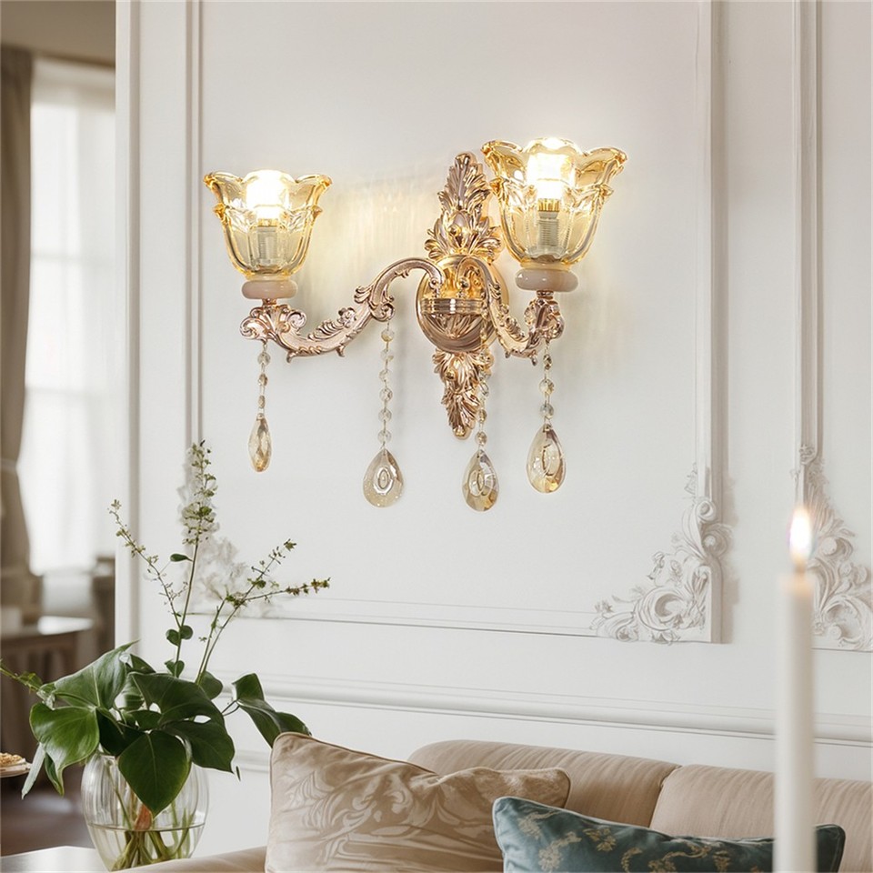 Vintage Pretty Wall Sconce Fancy Gold Brass Chandelier Crystal Glass ...