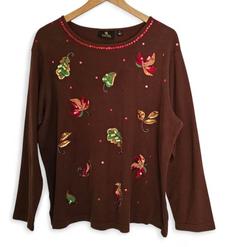 Quacker Factory Top Womens 1X Long Sleeve Sequin Leaf Brown Cotton Fall ...