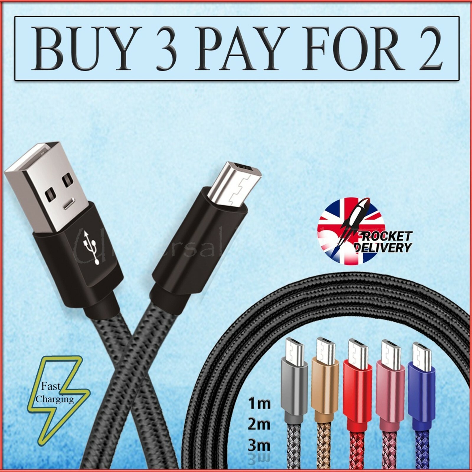 Braided Micro USB Cable Heavy Duty Fast Data Sync Long Charger Cable 1M ...