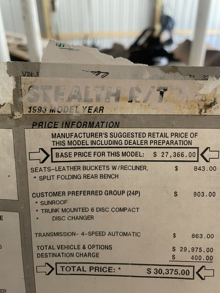 Car Window Price Sticker 1993 Dodge Stealth R/T Non Turbo | eBay