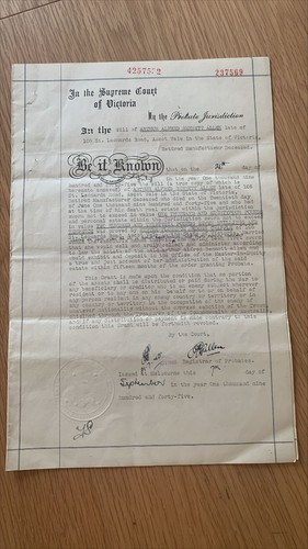 Supreme Court of Victoria Probate document funeral death Ascot Vale ...