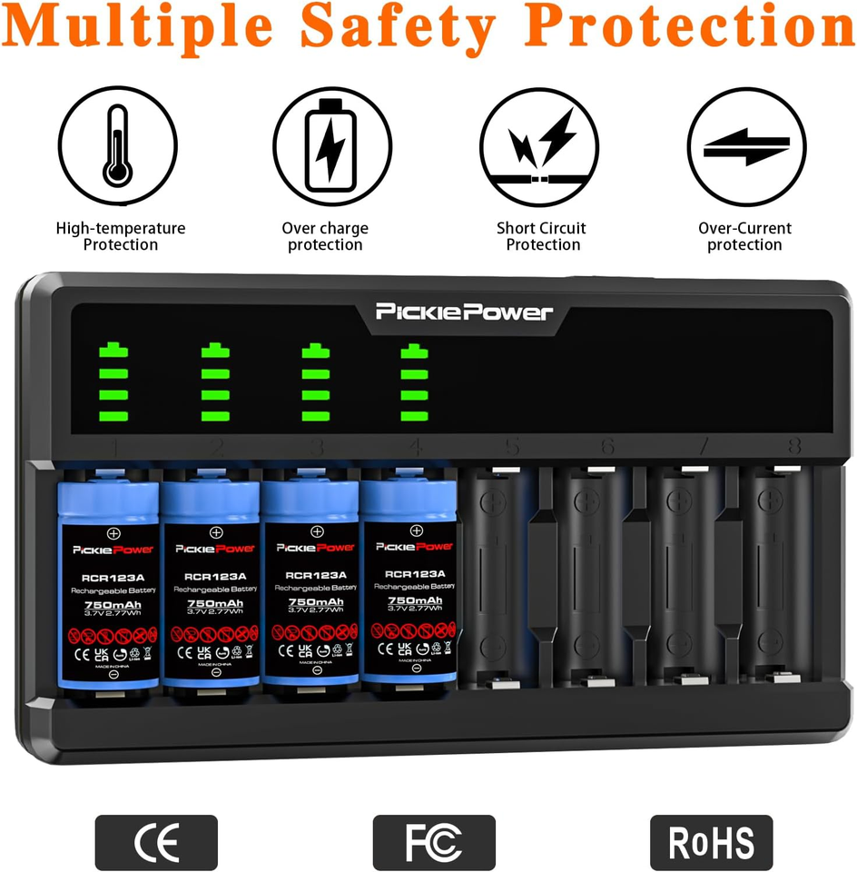 Smart 8 Bays LED Display Battery Charger for Rechargeable Li-Ion 123A ...