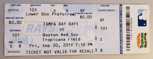 Tampa Bay Rays Boston Red Sox Baseball Ticket 9/20 2019 Moreland 2 HR ...