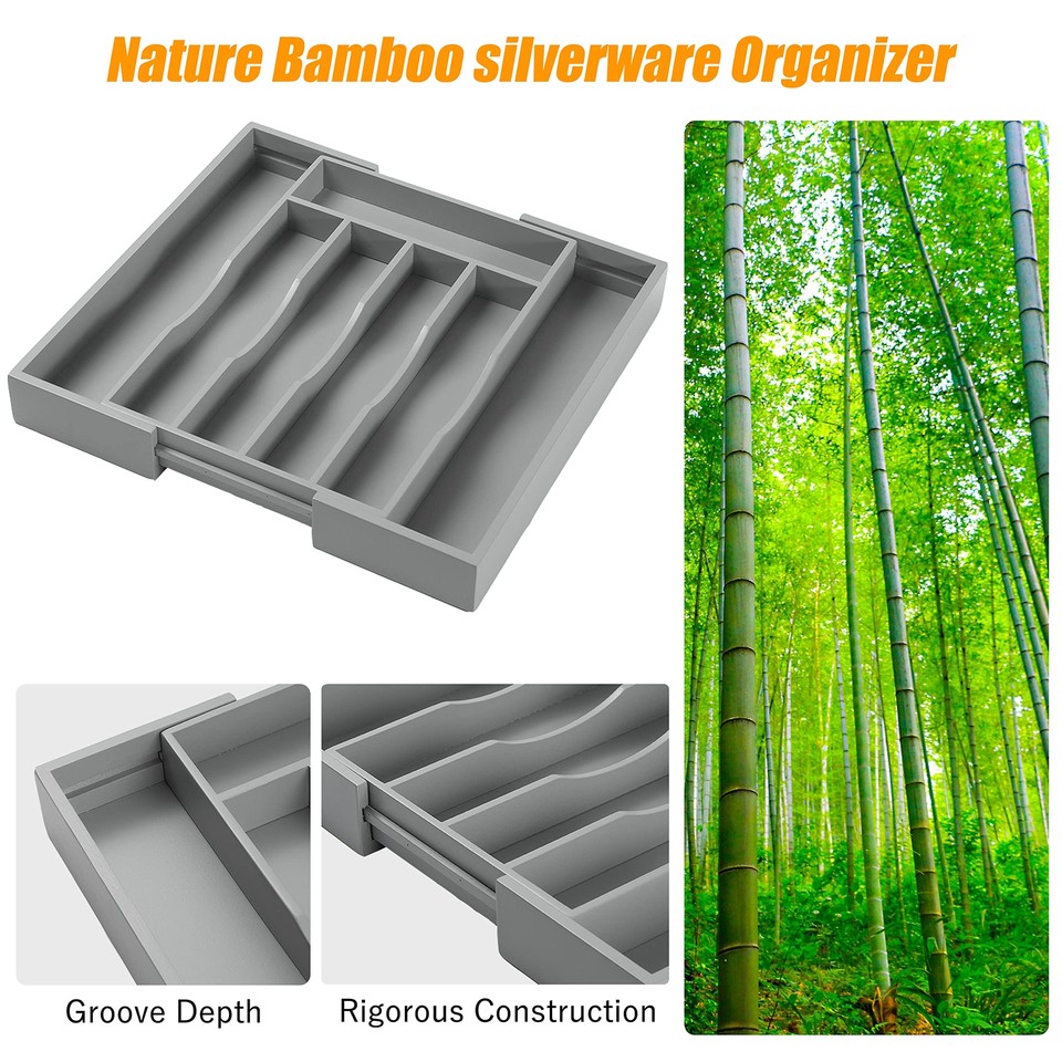 Grey Silverware Organizer Kitchen Drawer Organizer Expandable Bamboo ...