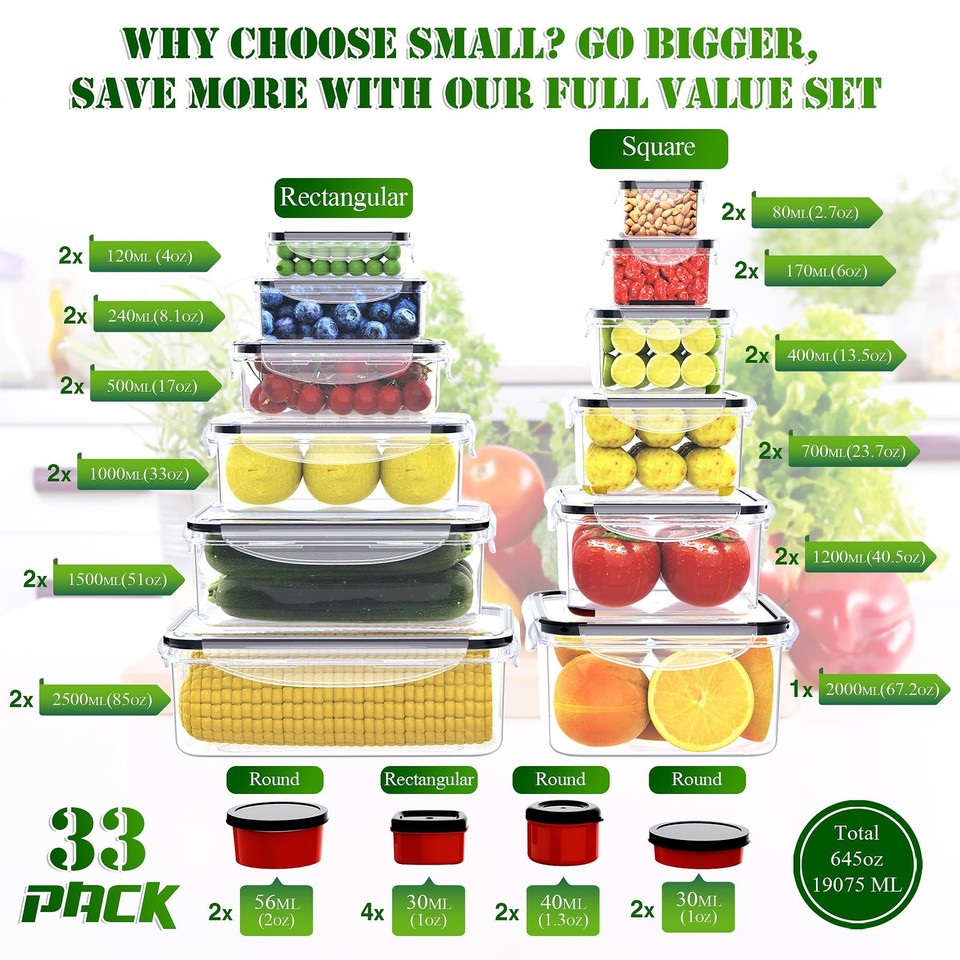 66 Pcs Large Food Storage Containers with Lids Airtight-Total 19075ML ...