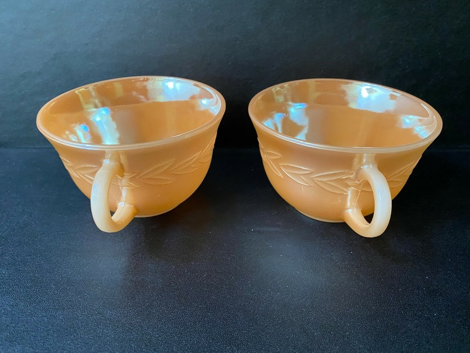 Vintage Fire King Cup & Saucer Orange Peach Luster Iridescent " Set of ...