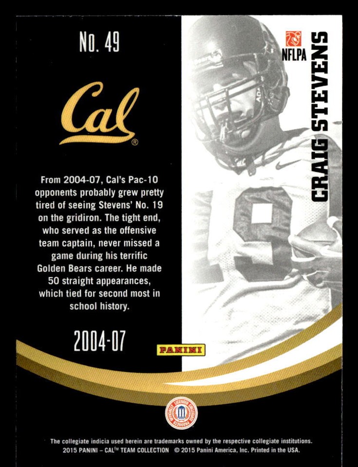Craig Stevens 2015 Panini Collegiate Card #49 California Golden Bears ...
