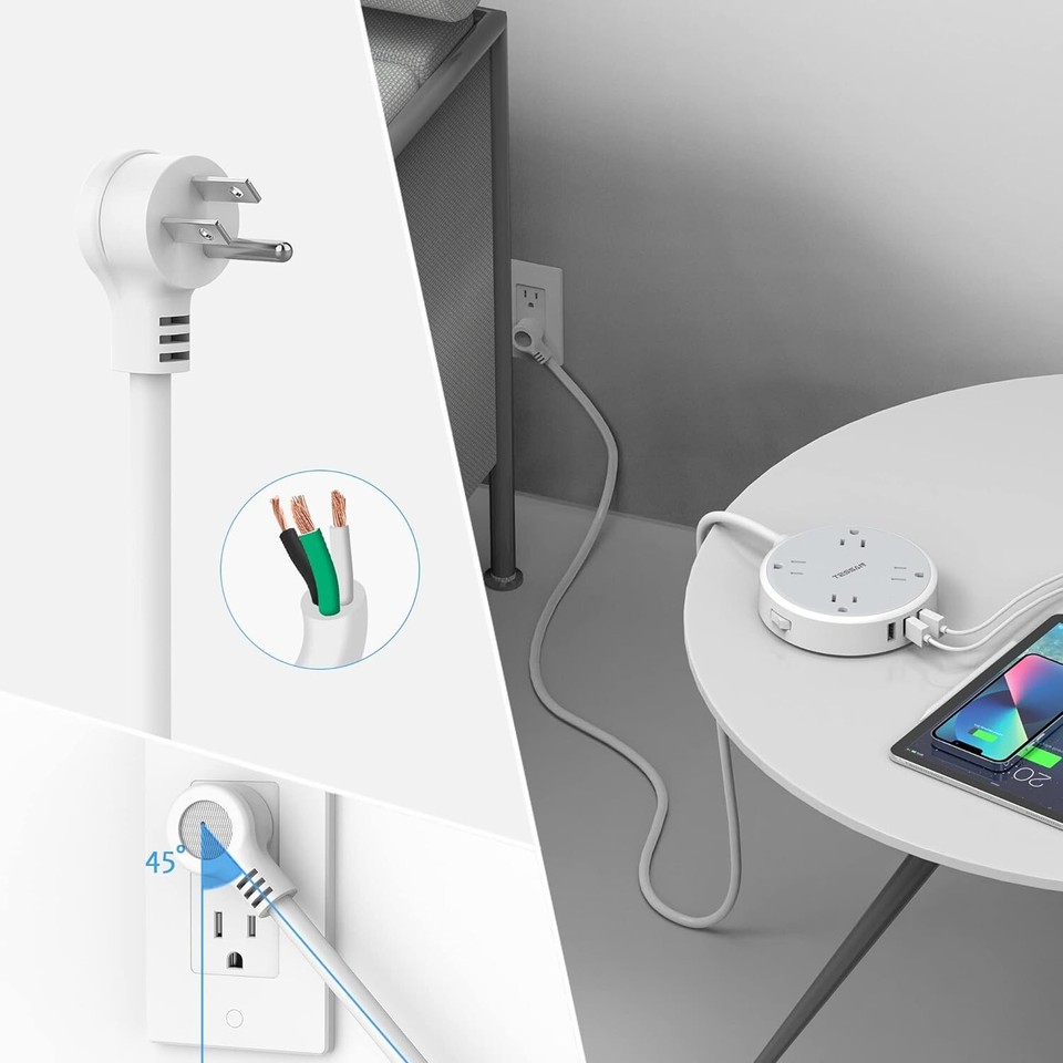 Round Compact Power Strip 4 AC Outlets & 3 USB Charging Ports ,Flat ...