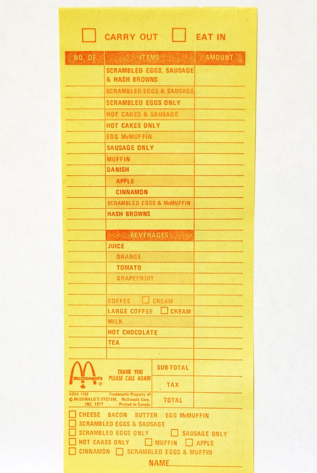 1977 McDonalds Cash Register Meal Order Taking Form Sheet Menu Pad ...