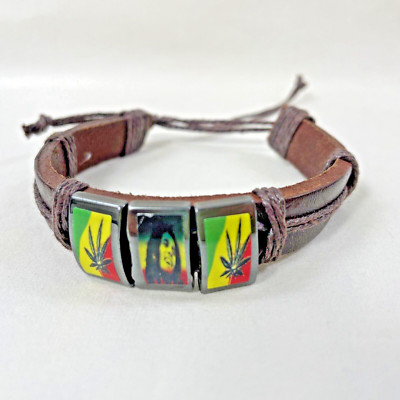 BOB MARLEY Leather Tie Bracelet Yellow Green Red Rasta Jamaica Ganja ...