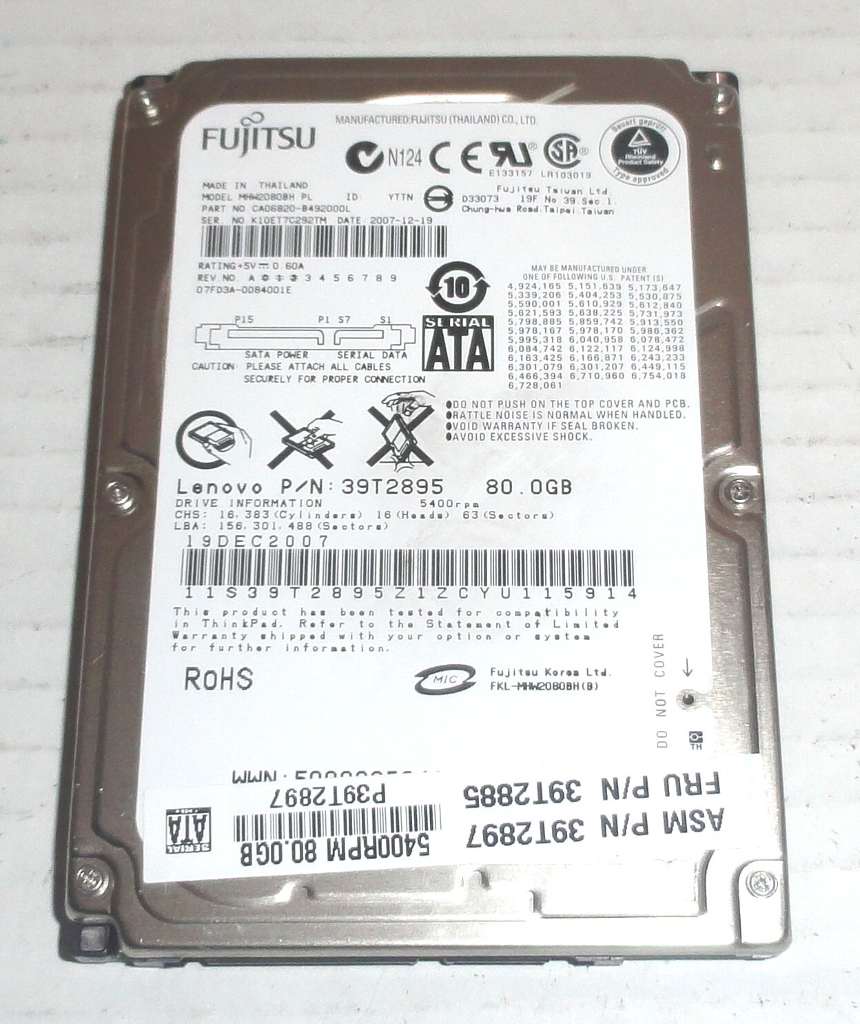 Fujitsu MHW2080BH PL 80GB Sata Hard Drive P/N: CA06820-B492000L F/W ...