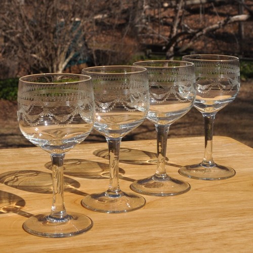 Crystal Cordial Glasses Lot/4 Etched Scroll & Line Swag 4" Tall Shrimp ...
