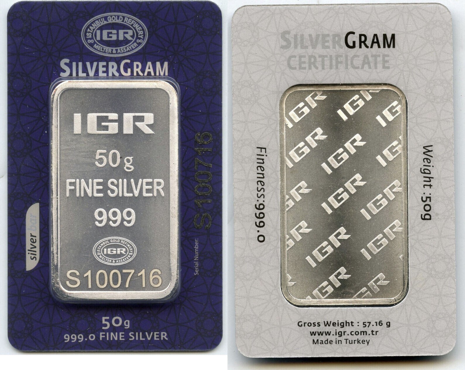 50g 50 Gram Fine Silver IGR Bar Assay Card Fractional Silver Silvergram ...