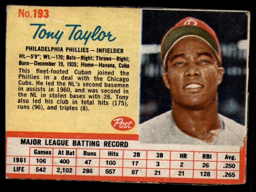 1962 Cereal #193 Tony Taylor Very Good Phillies ID:144579 | eBay