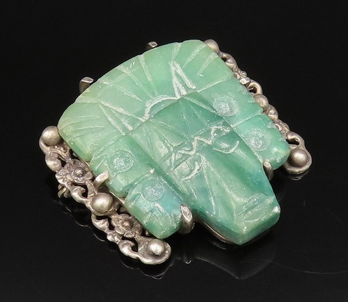 925 Silver - Vintage Carved Jade & Beaded Aztec Warrior Head Brooch Pin ...