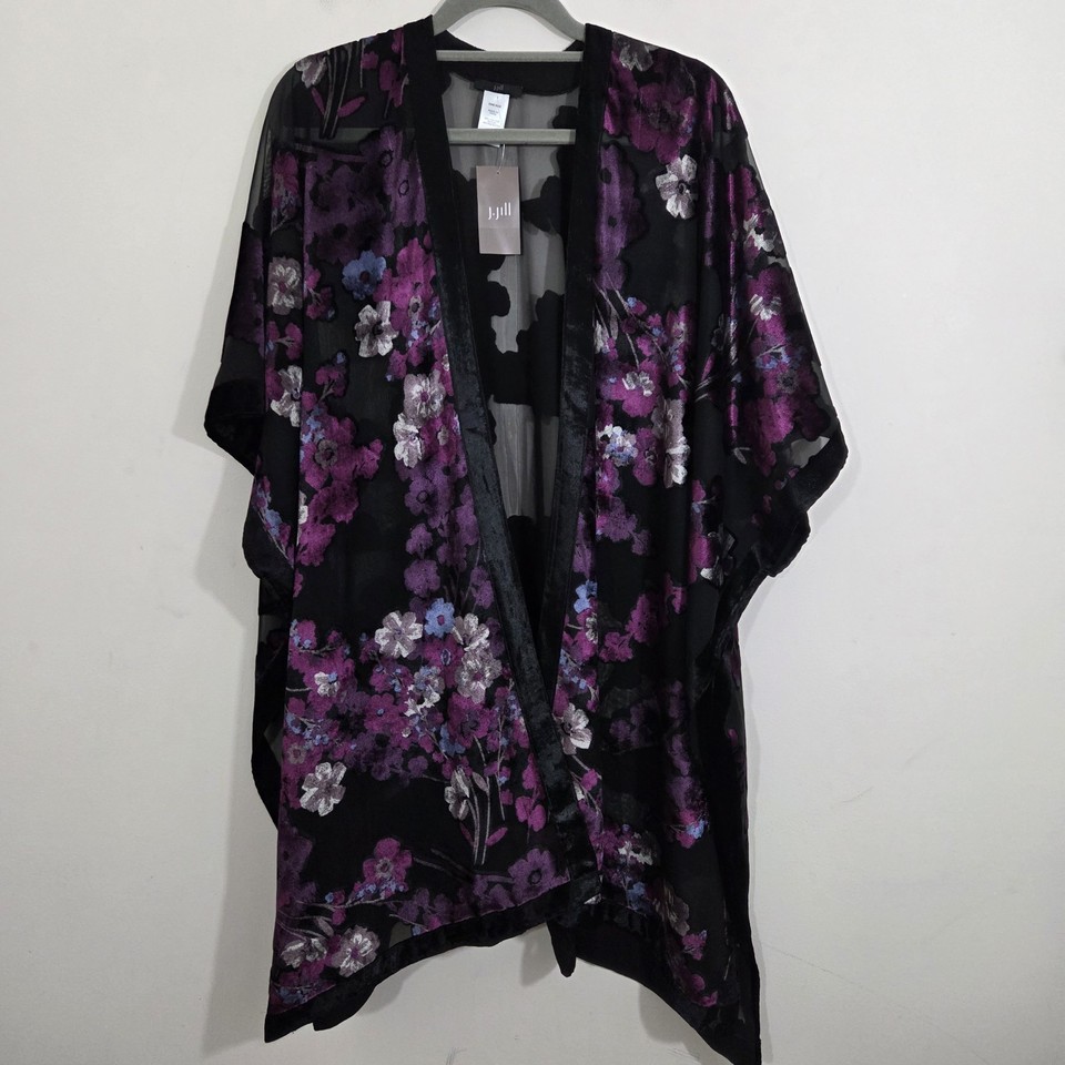 NWT J. Jill Velvet Burnout Kimono Ruana Black Purple One Size Boho ...