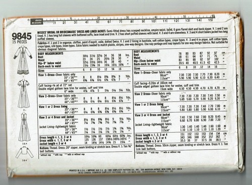 Simplicity #9845 VTG Bridal or Bridesmaids Dress & Jacket Pattern Sz 12 ...