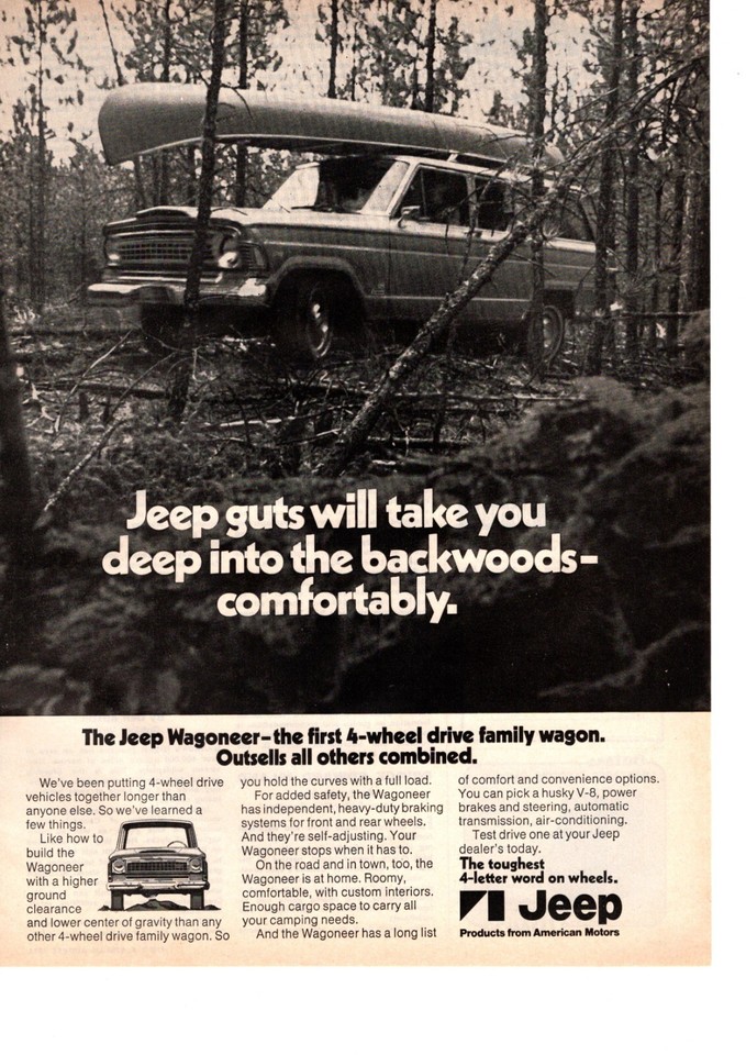 1971 VINTAGE JEEP WAGONEER PRINT AD, 4 WD FAMILY WAGON, CANOE HAULING ...
