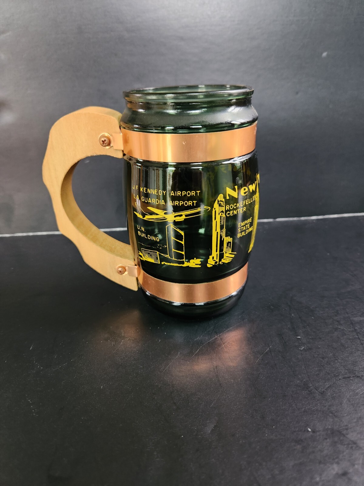 Siesta Ware Mug New York City Souvenir Green Glass Wood Handled Copper ...