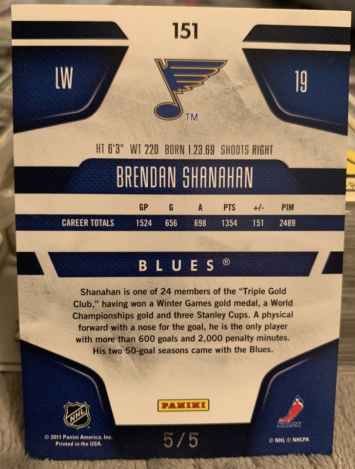 2011-2012 CERTIFIED BRENDAN SHANAHAN IMMORTALS CARD 5/5!! ST LOUIS ...