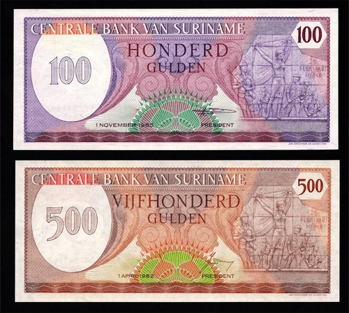 Suriname - Pair 100 & 500 Gulden Notes - 1985 & 1982 - Uncirc. | eBay