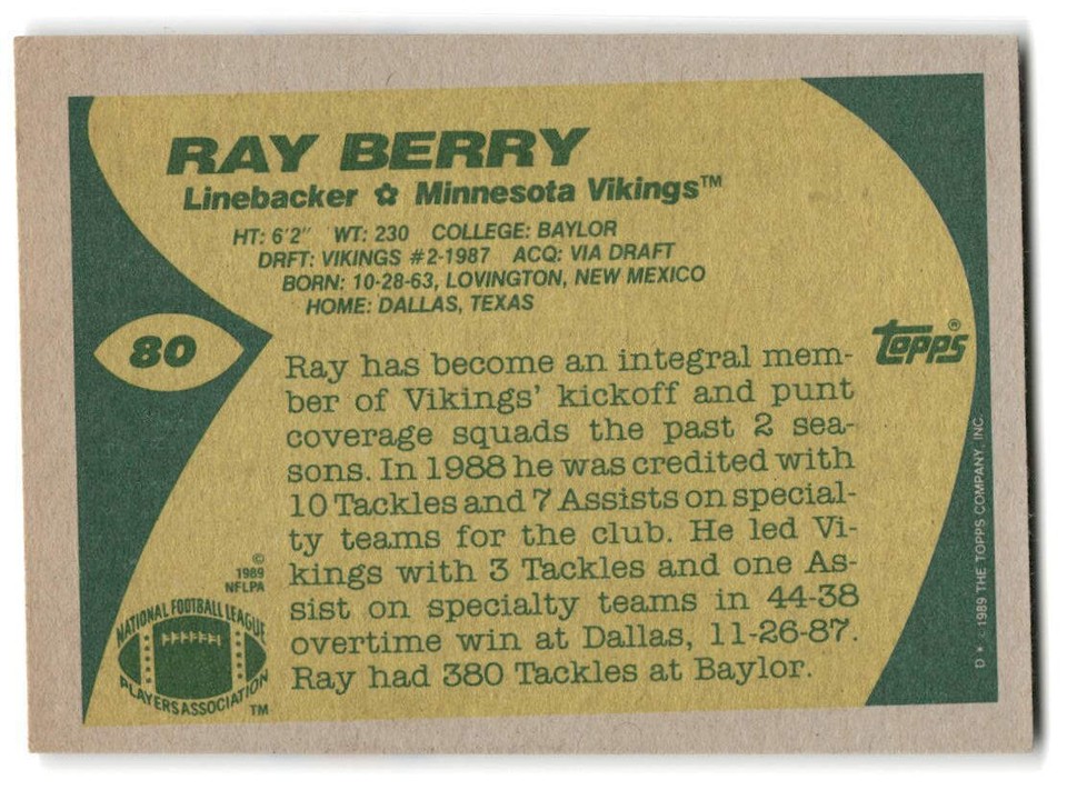 Ray Berry 1989 Topps FOOTBALL #80b Minnesota Vikings Rookie RC | eBay